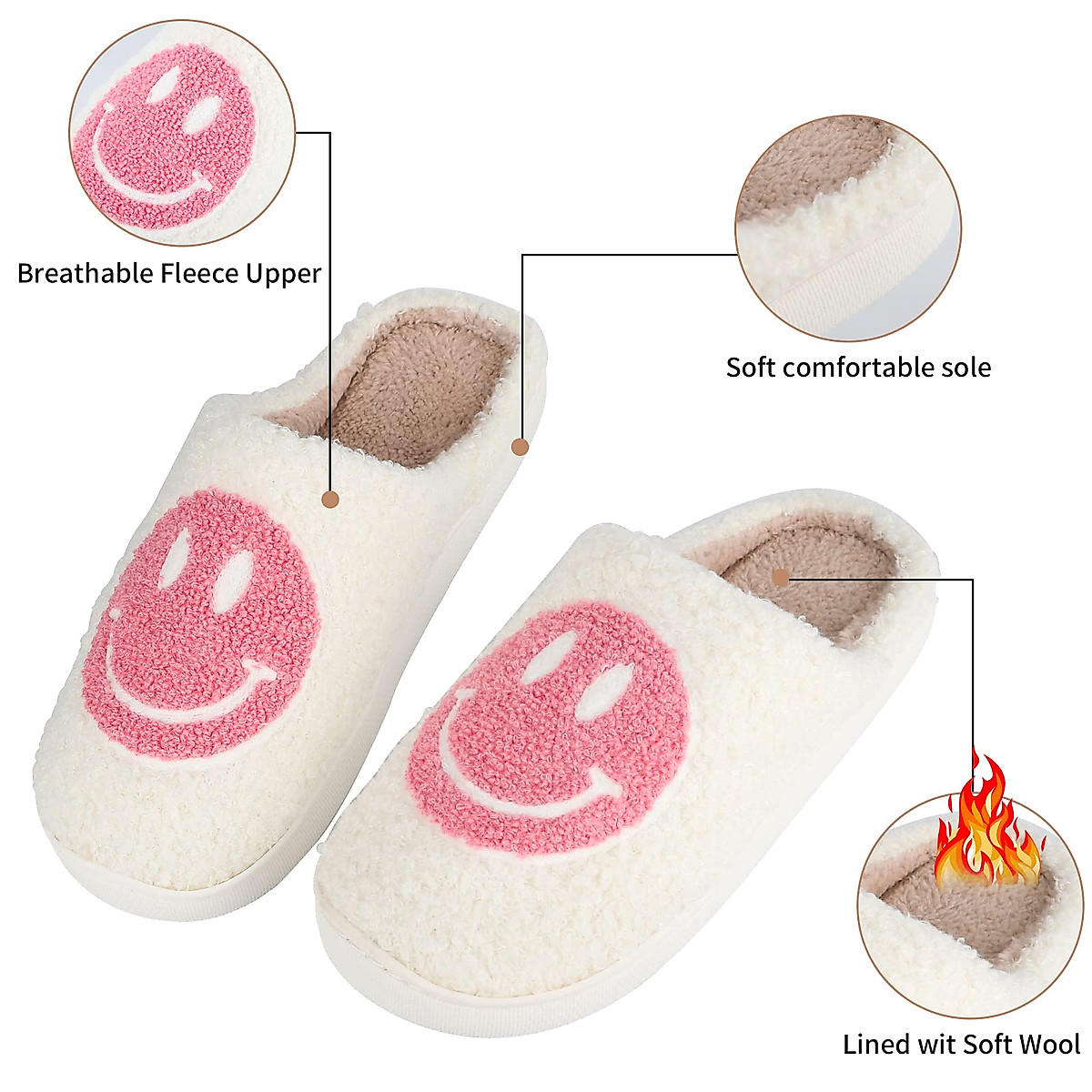 RaepperHan Smile Face Slippers, Ladies Retro Soft Plush Lightweight Home Slippers Slip On Comfortable Indoor Outdoor Non-Slip Sole Cute Fashion Gift White-purple, 7.5-8.5 Women/6-7 Men