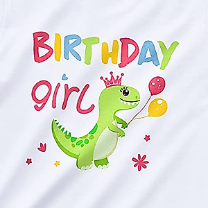Dinosaur Birthday Girl T-Shirt Dino B-Day Short Sleeve Shirt Gift for Girls Dinosaur Themed Party Top Tee Cotton Printed T Rex Short Sleeve T Shirt Outfits White