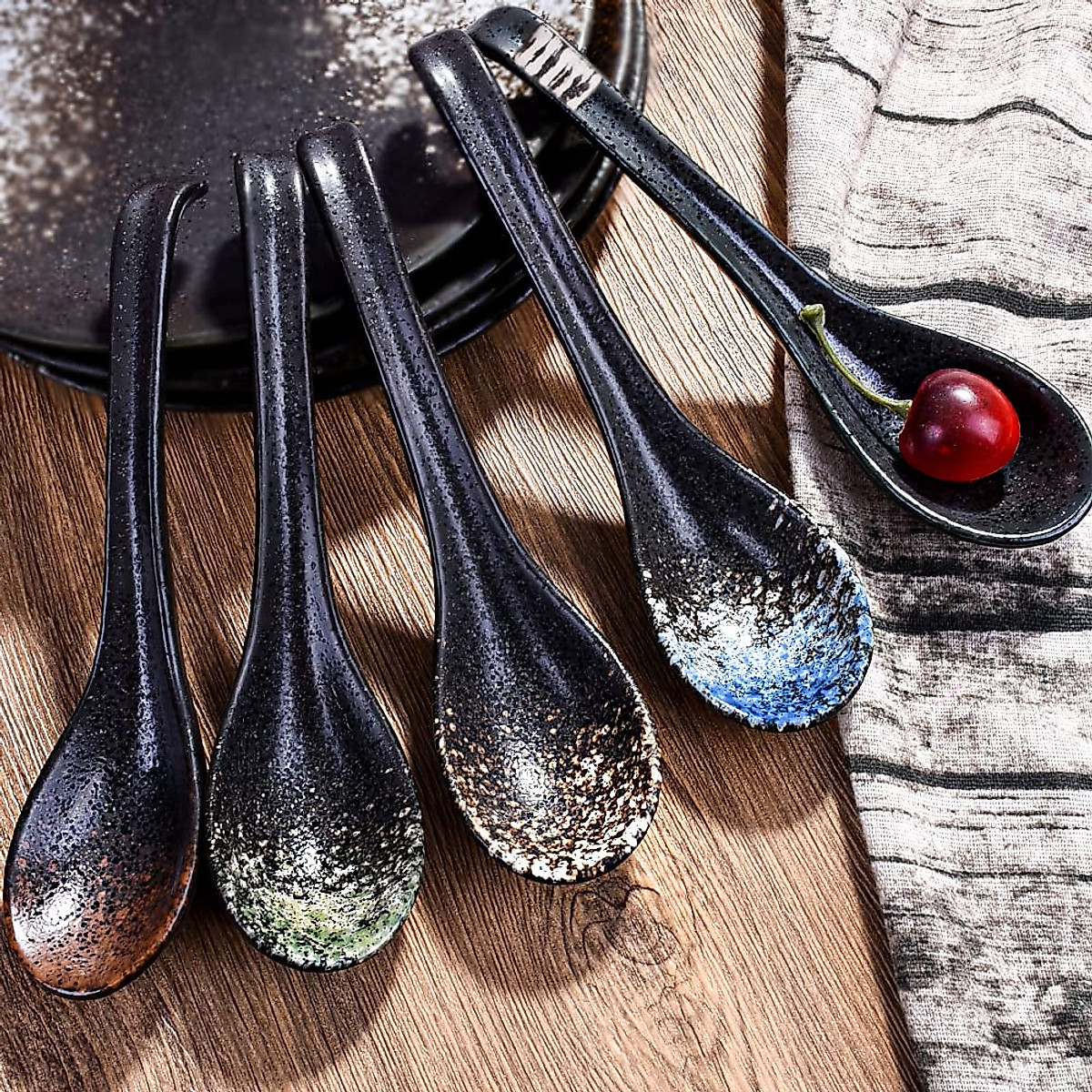 7 inch Japanese and Korean Ramen Spoon Set of 5, Asian Soup Spoon Chinese Soup Spoon Curved Handle Soup Spoon Long Handle Ceramic Miso Soup Spoons
