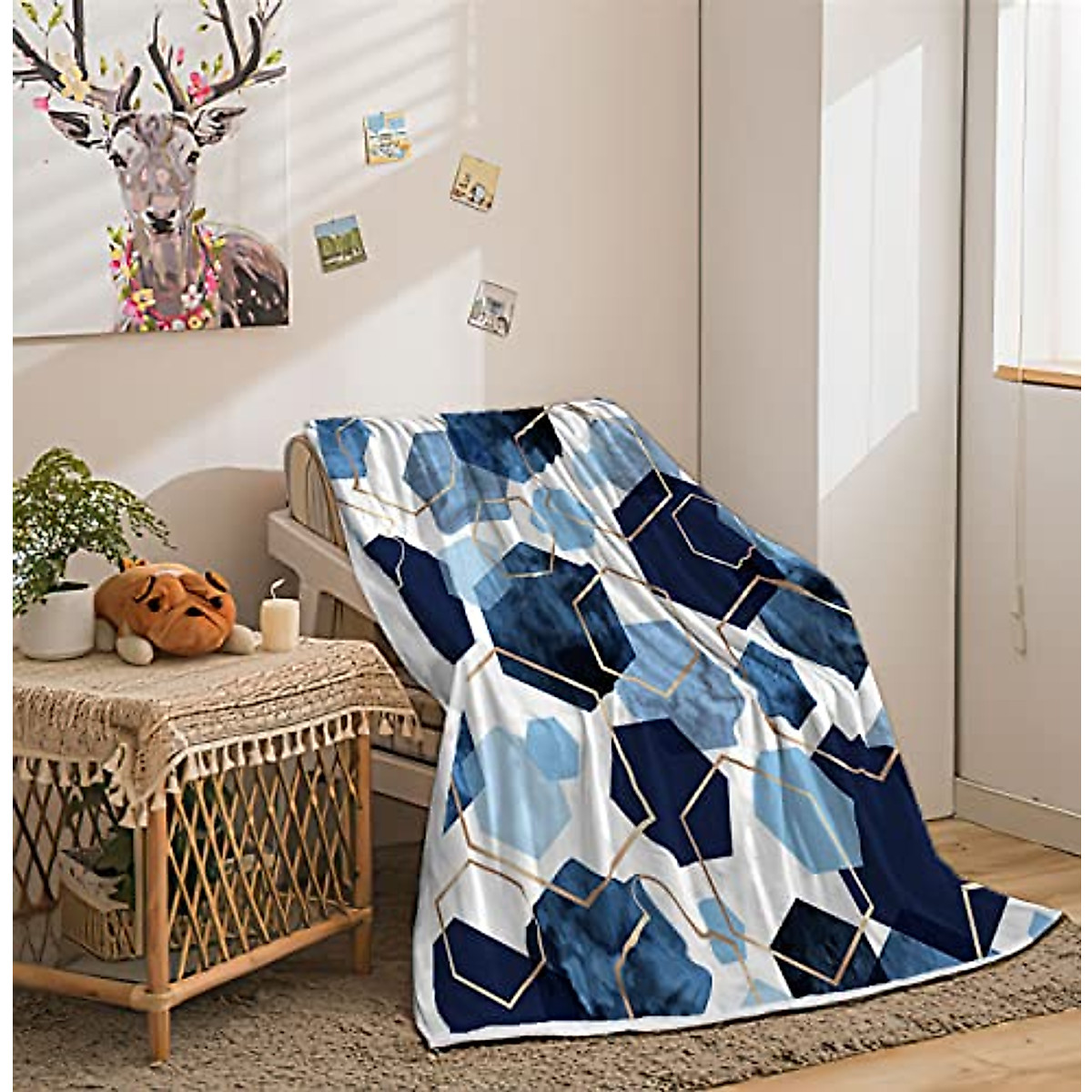 Blue Grey Modern Geometric Throw Blanket, Watercolor Deep Blue Navy and Gold Foil Outline Polygons Abstract Fleece Blanket, Mid Century Soft Plush Blanket, 50X60IN