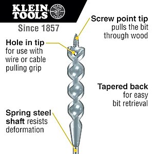 Klein Tools 53751 Flex Bit Auger with Screw Point, 3/4-Inch x 72-Inch Long Flexible Drill Bit / Fish Bit for Pulling Wire Behind Walls