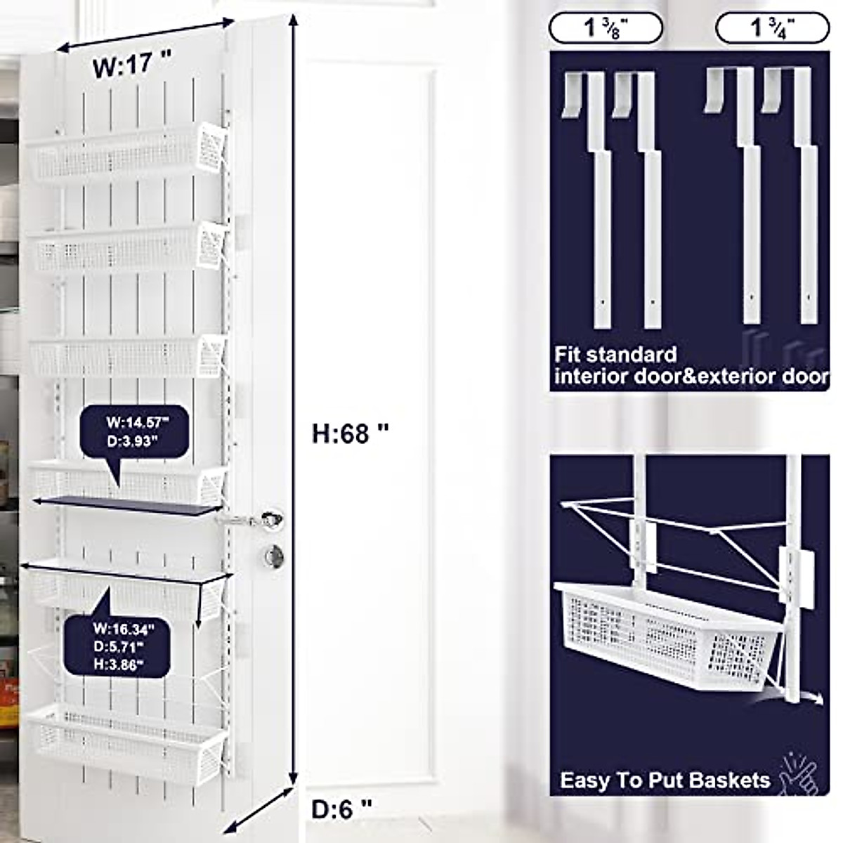 Over the Door Organizer, Adjustable Over Pantry Door Storage with 6 Deep Basket Hanging Over Door Spice Rack Closet Cabinet Door Shelf Organizer for Kitchen Bathroom, Wall Mountable, Modularized Use