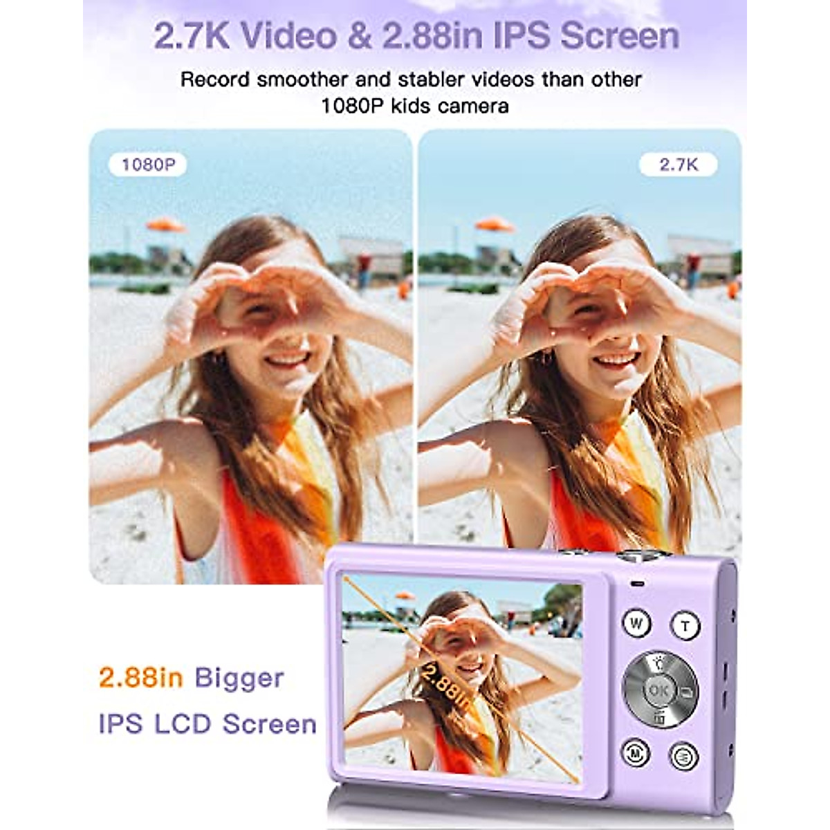Digital Camera, Zostuic 2.7K Autofocus 48MP Kids Camera with 32 GB Card 16X Zoom Compact Portable Mini Toy Cameras Christmas Birthday Festival Gift for Kid Children Teens Girls Boys(Purple)