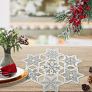 OWENIE Christmas Placemats Set of 4, Metallic Embroidered Cutwork Silver Snowflakes Round Placemats for Dinging Table, Luxury Holiday Tabletop Collections, Winter Table Mats (4pcs, 15 inches Round)