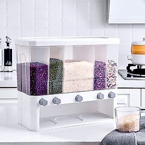 GNJINX Multi-Purpose Dry Food Dispenser with Measuring Cup - 5-Grid Design for Rice, Cereal, Flour, Beans and More - Perfect for Kitchen Storage and Organization