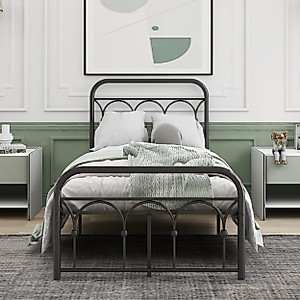 alazyhome Twin Size Bed Frame with Vintage Headboard and Footboard Metal Platform Mattress Foundation Sturdy Steel Slat Support No Box Spring Needed Black