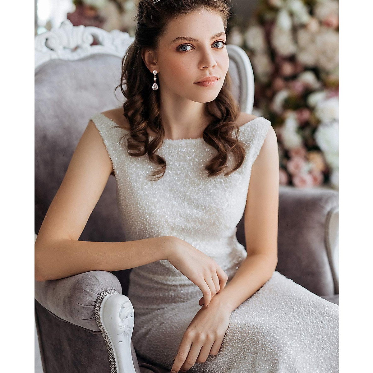 SWEETV Teardrop Wedding Earrings for Brides Birdesmaids, Crystal Cubic Zirconia Bridal Drop Earrings for Wedding Women Prom, Silver