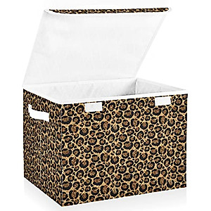 DOMIKING Fashion Leopards Large Storage Bin with Lid Collapsible Shelf Baskets Box with Handles Toys Organizer for Nursery Drawer Shelves Cabinet