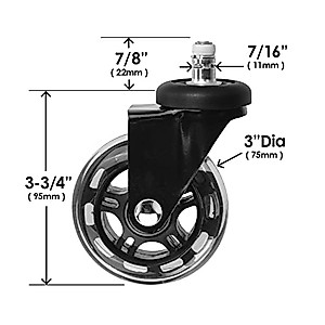 Slipstick CB690 Floor Protecting Rubber Office Chair Caster Wheels (Set ff 5), Roller Style, Universal 7/16" Stem, 3" Black Castors