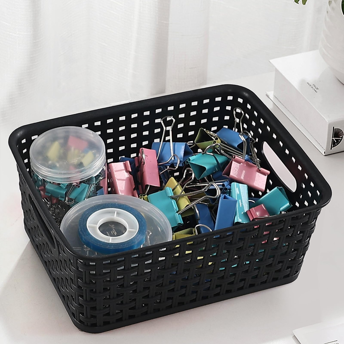 Lasbily 6-Pack Plastic Storage Basket, Woven Shelf Basket with Cut Out Handle, Pantry, Classroom, Kitchen, Bathroom Organizer Bin, Black