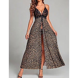 Avidlove Womens Long Nightgown Halloween Lingerie Set Plus Size Lingerie Lace Sleepwer Leopard