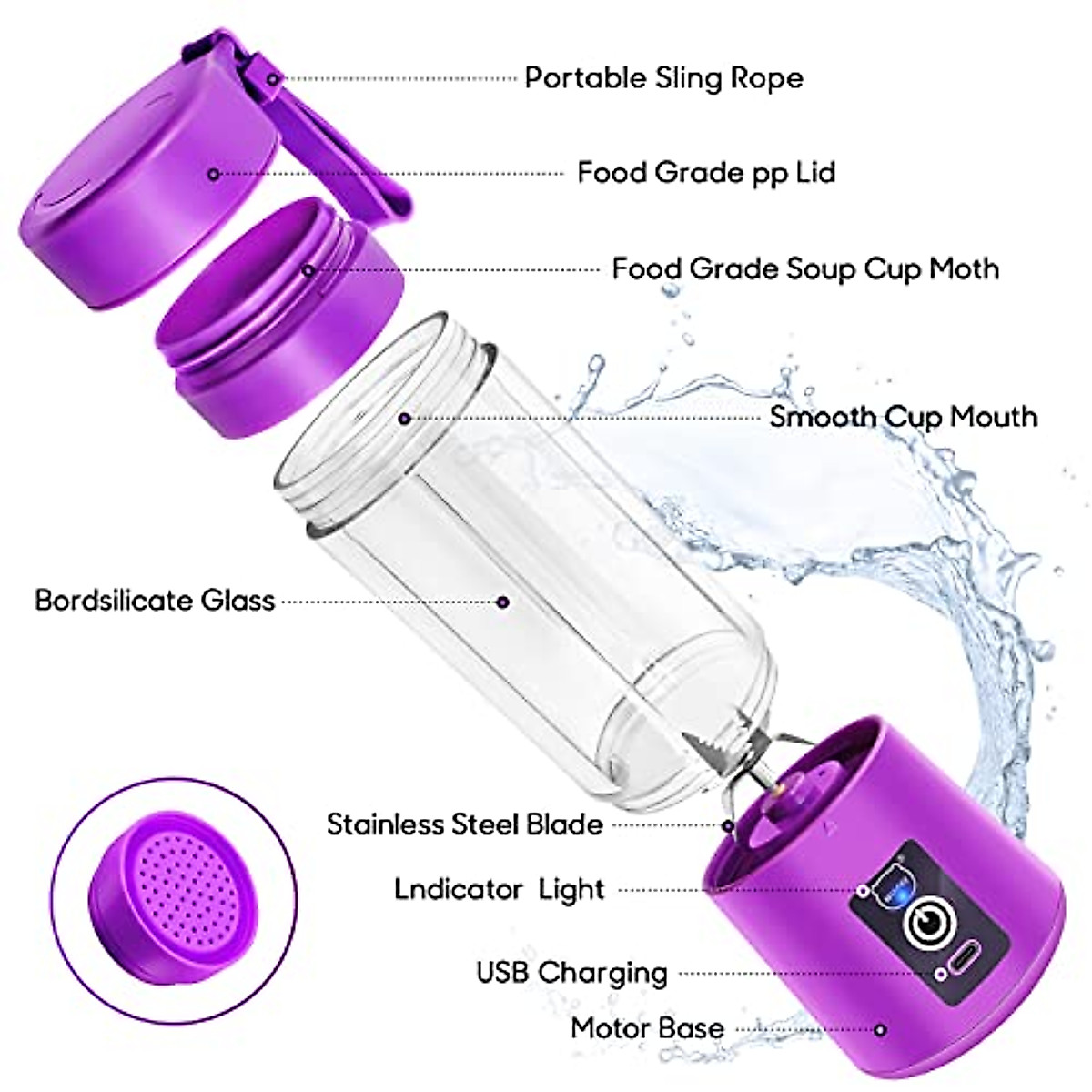 Portable Blender, MIAOKE Personal Mini Juice Blender, USB Rchargeable Juicer Cup with Six Blades in 3D, Smoothie Blender Home/Office/Outdoors, Dark purple