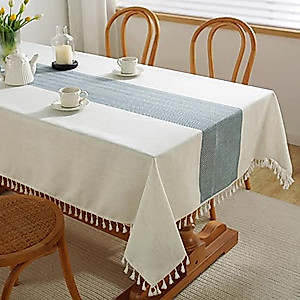 JIALE Tablecloths for Rectangle Tables,Cotton Linen Table Cloth Waterproof Tablecloth Wrinkle Free Farmhouse Dining Table Cover,Soft Fabric Table Cloths with Tassels,Blue & White,55" X 86",6-8 Seats