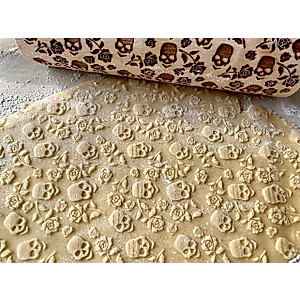 SUGAR SKULL and ROSES Embossed Rolling Pin for Halloween cookies. Laser Engraved Dough Roller for Embossing Homemade Cookies by Algis Crafts