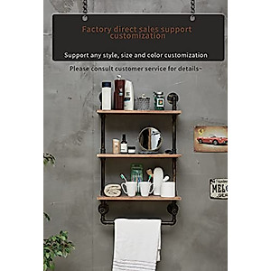 Nultuvalk Floating Shelving with Wood, Antique Wood Shelving with Towel Rail, Bathroom Industrial Pipe Rack, Wall Mounted 24" Living Room Farmhouse (Vintage Gold, 3Tier)