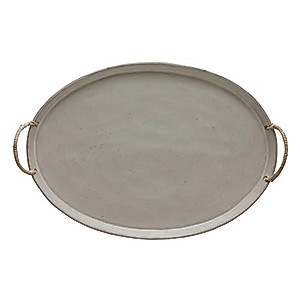 Creative Co-Op Stoneware Platter with Rattan Wrapped Handles, Reactive Glaze, White & Brown (Each One Will Vary) Tray