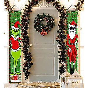 Grinch Christmas Decorations Jack and Grinch Xmas Porch Signs Hanging Banners for Winter Holiday Decor Home Indoor Outside Front Door Party Wall