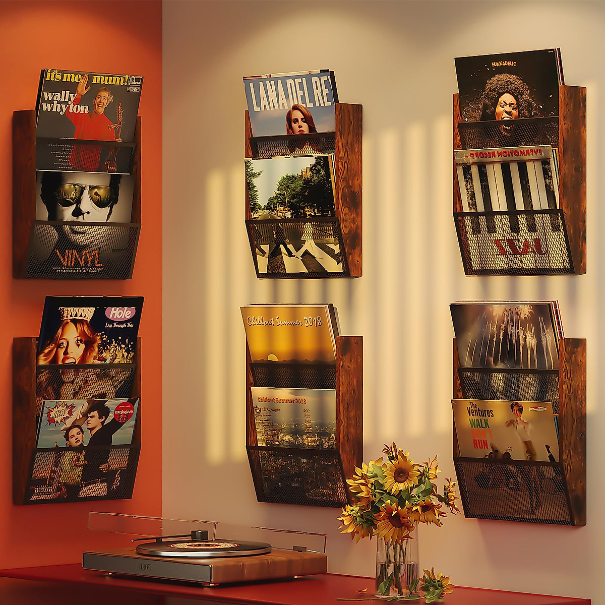 Honkazita 2 Sets of Vinyl Record Wall Mount,4 Tiers Record Holder Wall Vinyl Shelves, 50-80 Records Wall Display and Storage, Album Storage Floating Bookshelf Wall Bookshelf