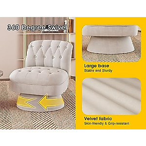 Dewhut Modern 360 Degree Swivel Velvet Barrel Accent Chair, Comfy Side Corner Sofa Chair for Small Space, Button Tufted Upholstered Armless Chair for Living Room, Bedroom, Office, Vanity(Beige)
