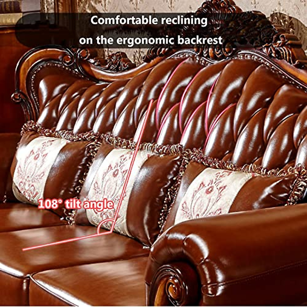 DEKIST European-Style Leather Sofa, Solid Wood Carved High-end American-Style Sofa Villa Living Room Furniture Suitable for Villa Living Room with Pillows Sofa