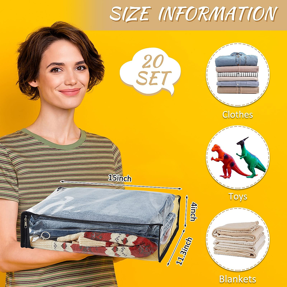 Riakrum 20 Pieces Clear Vinyl Zippered Storage Bags 15 x 11 x 4 Inch Sweater Storage Bags Plastic Bed Sheet Organizer for Blanket Closet Clothing Linen Sweater Clothes Pillow