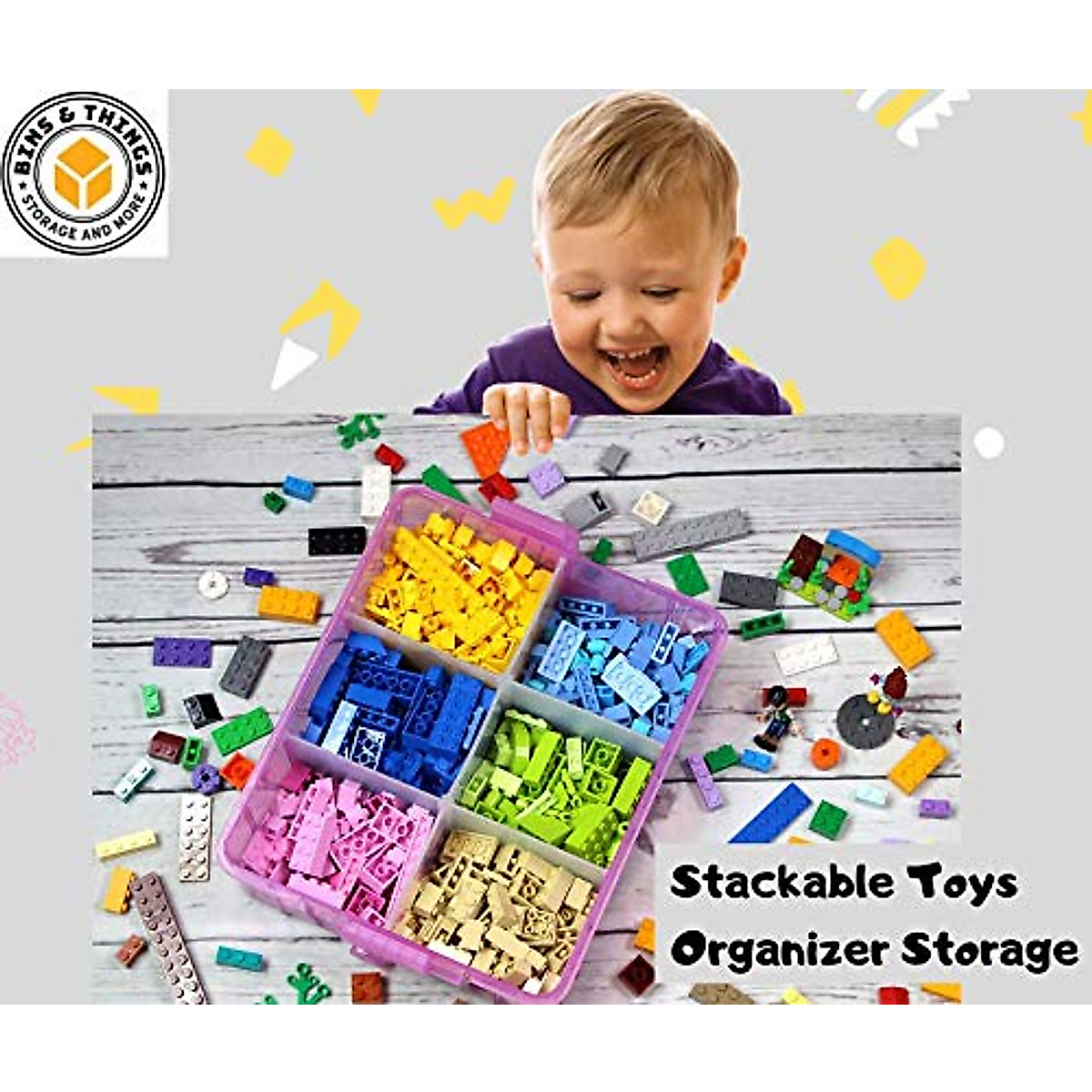 Bins & Things Stackable Toys Organizer Storage Case Compatible with LOL Surprise Dolls, LPS, Shopkins, Tsum Tsum, Calico Critters and Lego - Portable Adjustable Box w/Carrying Handle