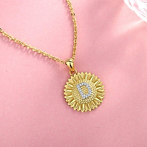 925-Sterling-Silver Initial Letter Sunflower Necklaces - 18K Gold A-Z Letters Pendant Necklace You Are My Sunshine Flower with Cubic Zirconia Jewelry Mother's day Gifts for Women Girls