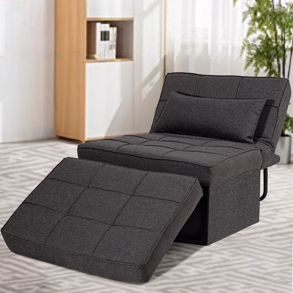 IJIALIFE Chair Bed Sleeper, 4 in 1 Convertible Ottoman Bed, Folding Sleeper Sofa Chair with Adjustable Backrest, No Assembly Required for Apartment, Living Room and Bedroom,Dark Gray