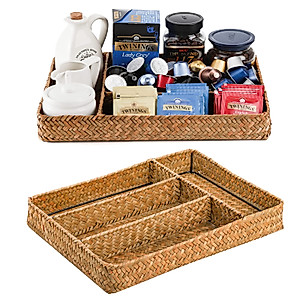 Lyellfe 2 Pack Tea Bag Organizer, 4 Divided Sugar Packet Holder, Handmade Seagrass Wicker Storage Basket for Organizer, Silverware Drawer for Paper, Cutlery, Coffee Pods, Snack
