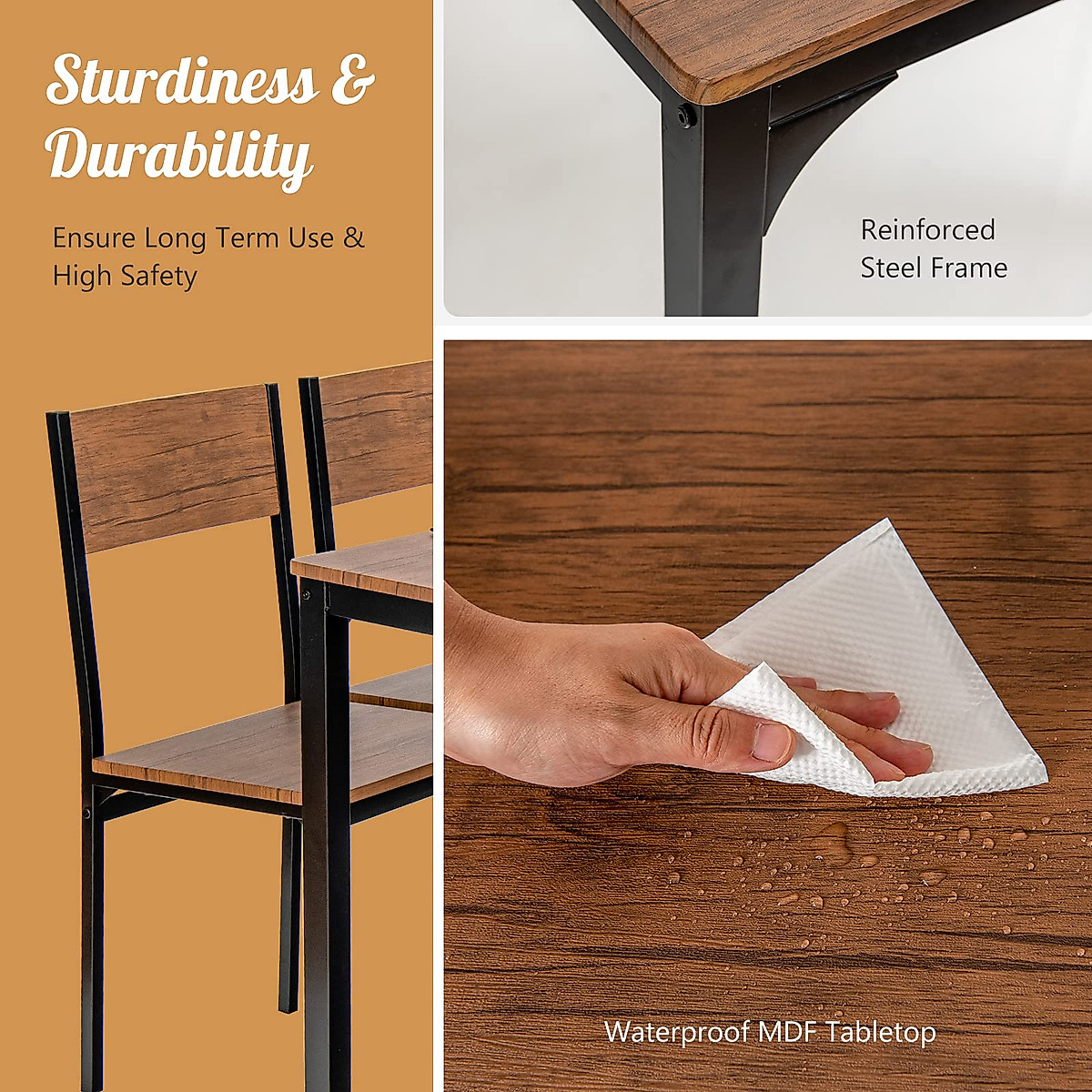 Giantex Dining Table Set for 4, Kitchen Table with Bench and Chairs, Industrial Gathering Bench Dining Set W/Metal Frame & Storage Rack, Dinette Set, Modern Functional Desk Set (Brown)