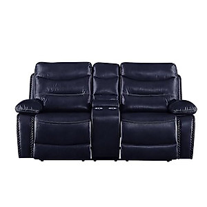 Acme Aashi Leather-Gel Tufted Motion Reclining Loveseat with Console in Navy