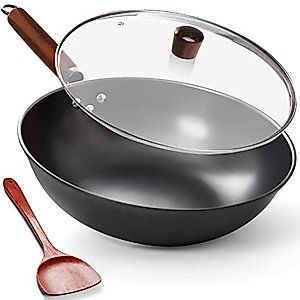 Clatine Carbon Steel Wok Pan, 13 Inch Wok and Stir-fry Pan, No Chemical Coated Wok Pan with Lid and Spatula, Nitrided Nonstick Chinese Wok with Flat Bottom for Induction, Electric and Gas Stove
