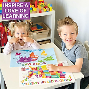 16 Educational Posters for Classroom Decor & Kindergarten Homeschool Supplies Baby to 3rd Grade Kids, Laminated PreK Learning Chart Materials – US & World Map, ABC Alphabet, Shapes, Days of the Week