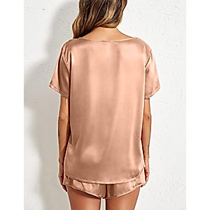 Ekouaer Women's Soft Satin Sleepwear Plus Size Silk Nightwear Classic Short Sleeve Two Piece Pajama Set (Rose Pink,XXL)
