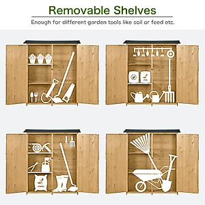 Outdoor 5.3ft Hx4.6ft L Wood Storage Shed Tool Organizer,Garden Shed, Storage Cabinet with Waterproof Asphalt Roof, Double Lockable Doors, 3-Tier Shelves for Backyard, Natural