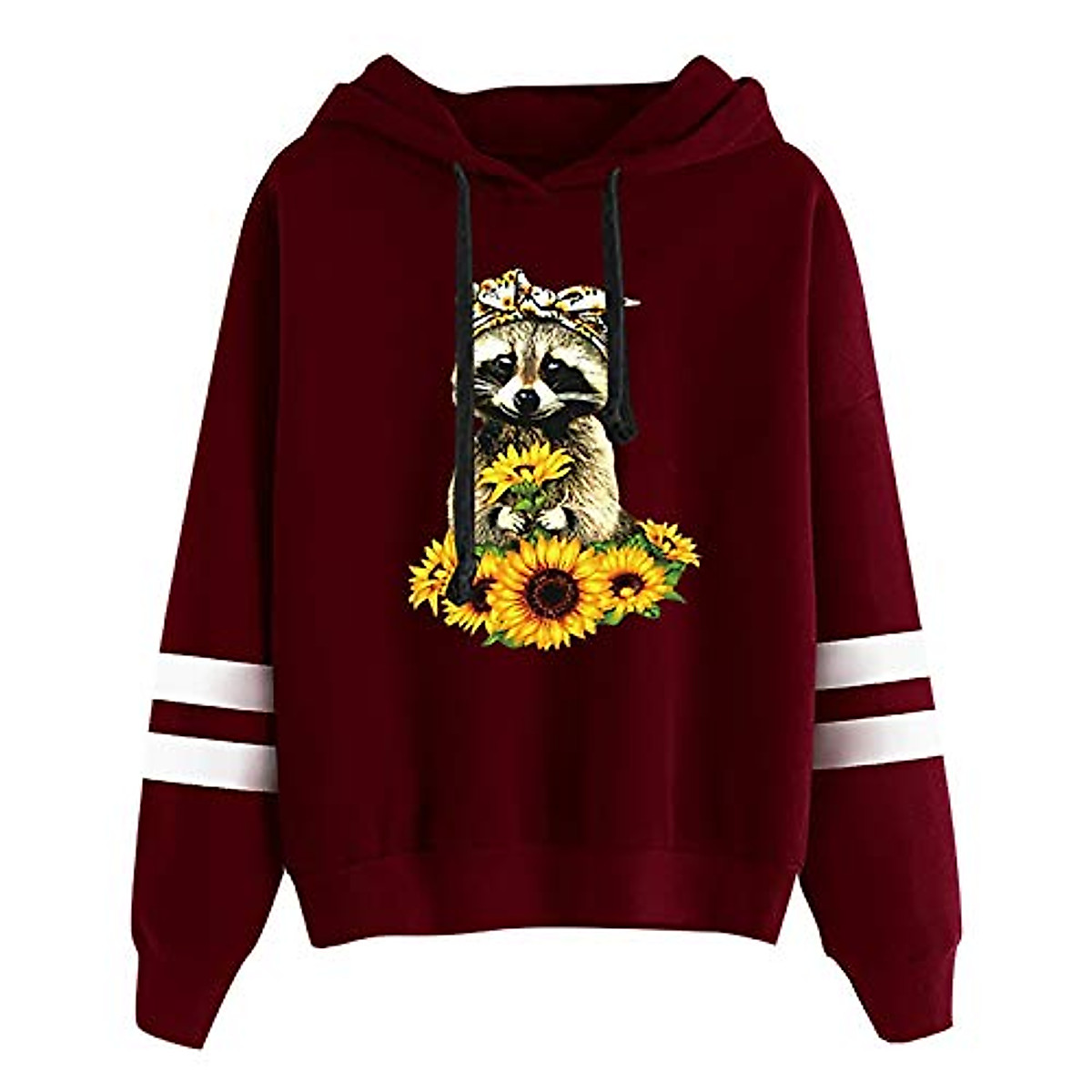 Anime Graphic Hoodies for Womens Raccoons and Sunflowers Print Sweathirts Workout Tops Long Sleeve Casual Pullover