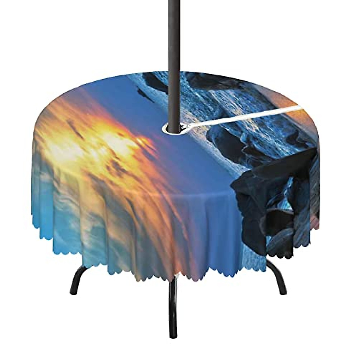 Lirduipu Beach Pattern Round Outdoor Tablecloth,Round Tablecloth with Umbrella Hole and Zipper for Patio Garden,Waterproof Spill-Proof,for Outdoor Umbrella Table(72" Round,Yellow Blue)