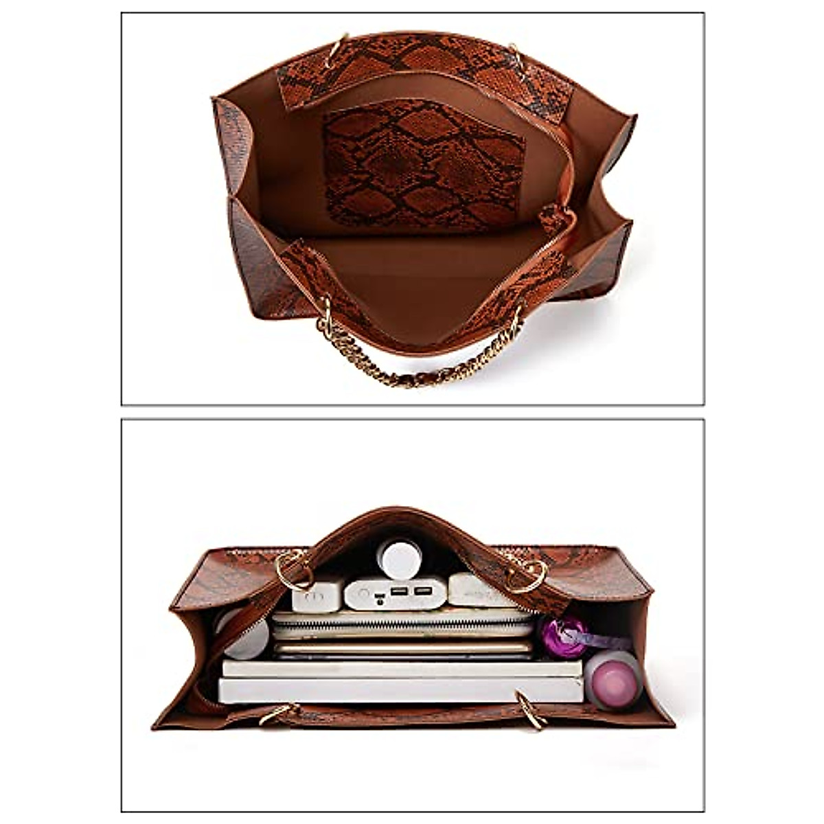 Oichy Leather Tote Bag for Women Large Purses and Handbags Snakeskin Pattern Shoulder Bag Ladies Purse with Chain Strap (Red)