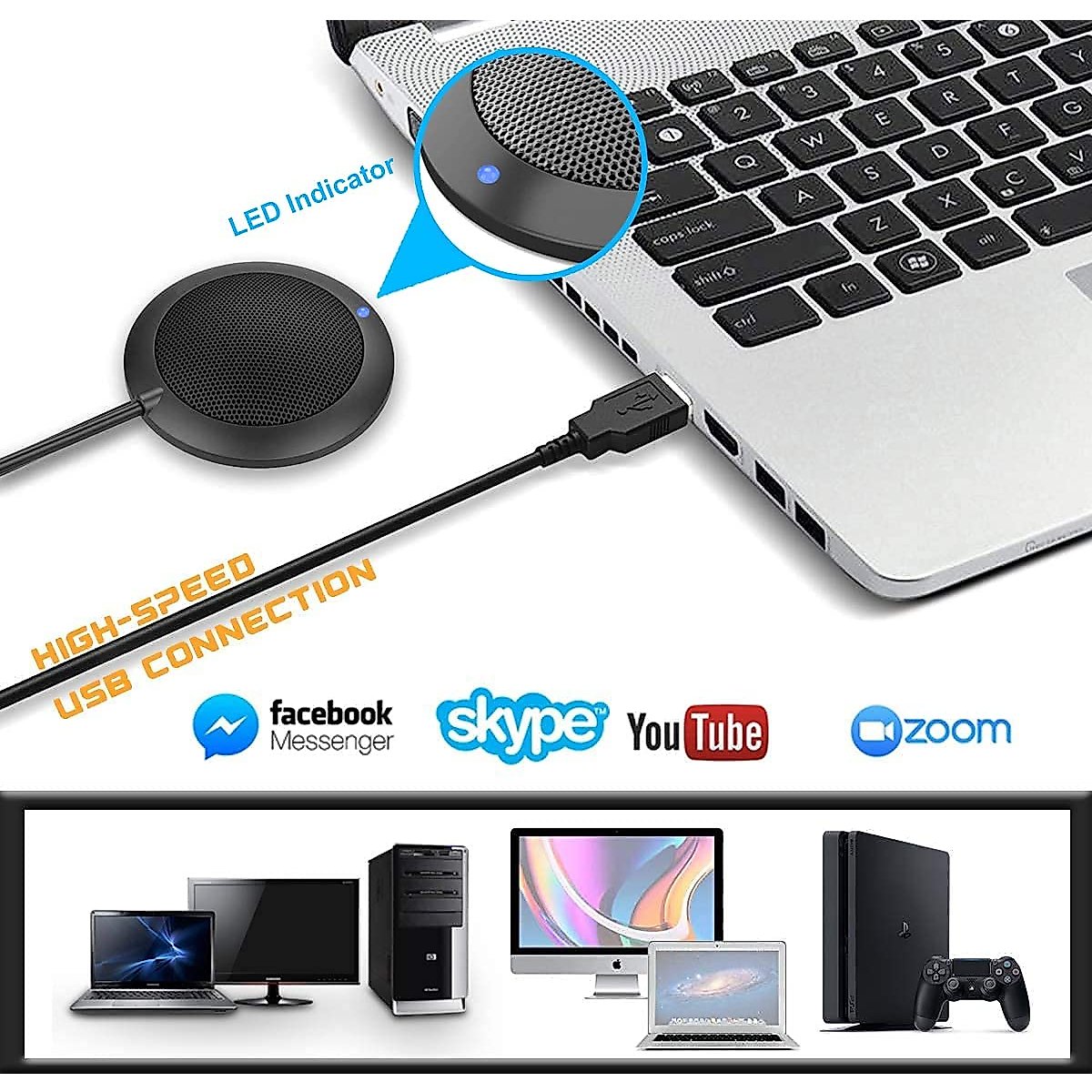 Conference USB Microphone, Computer Desktop Mic with LED Indicator, TKGOU Plug & Play Omnidirectional Condenser PC Laptop Mics for Online Meeting/Class,Skype,Recording,Chatting,Zoom,(Windows/Mac OS X)