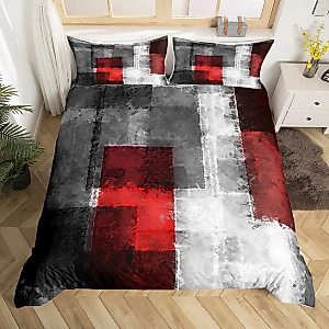 Art Graffiti Geomerty Comforter Cover,Red Grey White Rectangle Duvet Cover Set for Girls Teens Bedroom Gift,Abstract Geometric Painting Soft Bedding Set with 2 Pillowcases, Full Size (No Comforter)