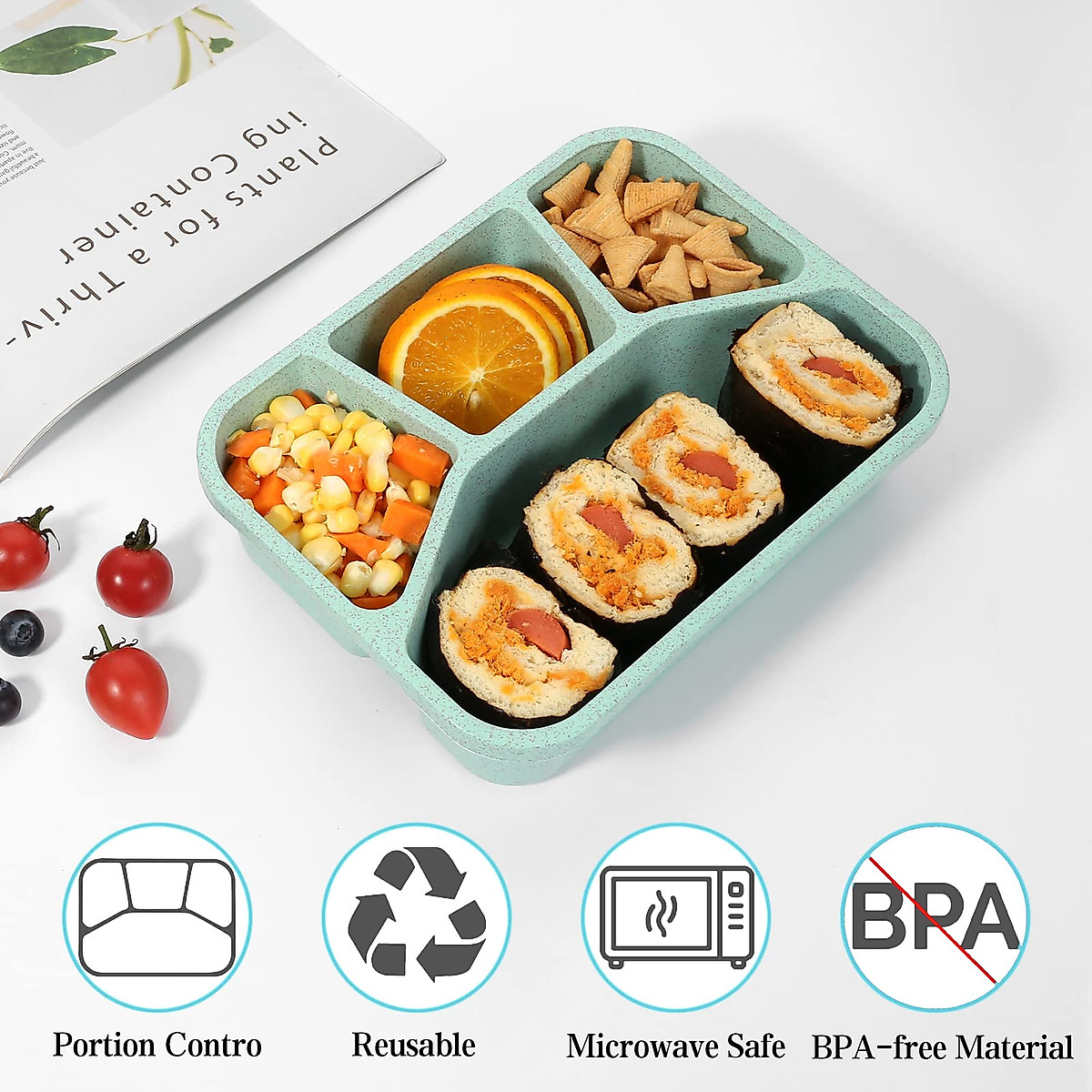 xhongz 4 Compartment Meal Prep Lunch Containers for Adults Kids, 4 Pack Bento Lunch Box,Durable BPA Free Plastic Reusable Food Storage Containers with lid, Microwave/Dishwasher/Freezer Safe