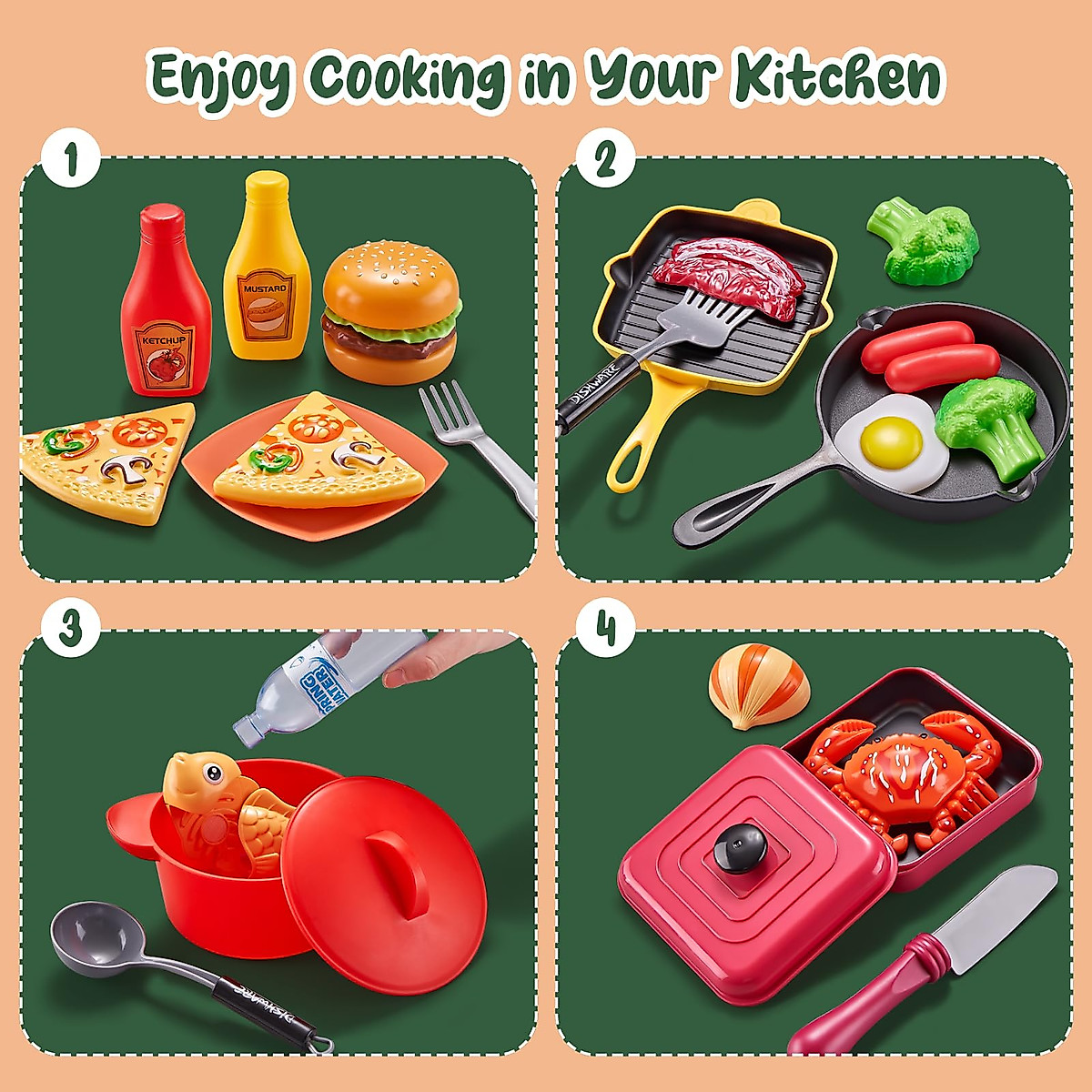 Comirth Play Kitchen Accessories – 48Pc Kitchen Toys, Kids Kitchen Playset with Kids Pots and Pans Playset, Pretend Play Food Fruit, Veggies, Pizza, Cooking Toys & Utensils, Kitchen Set for Kids Gift