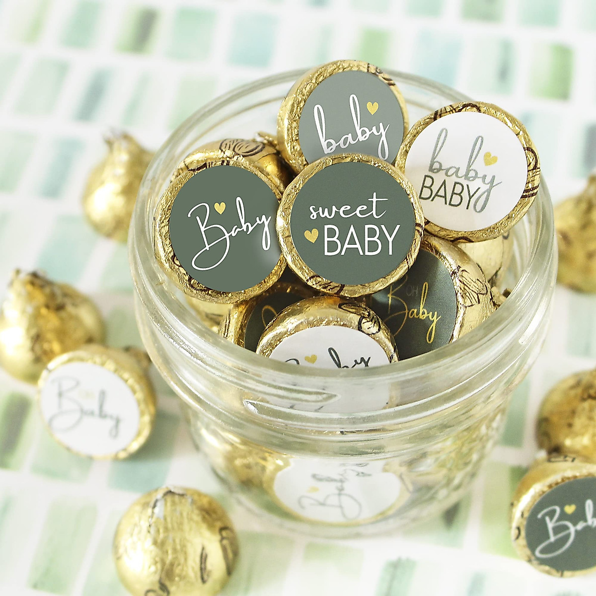 Green and Gold Baby Shower Party Favor Kisses Candy Stickers, Sweet Baby Party Favors - 180 Labels