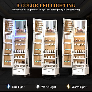 Vlsrka 360° Swivel Jewelry Mirror Cabinet with Lights, Standing Jewelry Armoire Organizer Rotatable Full Length Mirror with Jewelry Storage, Lockable with Rear Storage Shelves, Built-in Makeup Mirror