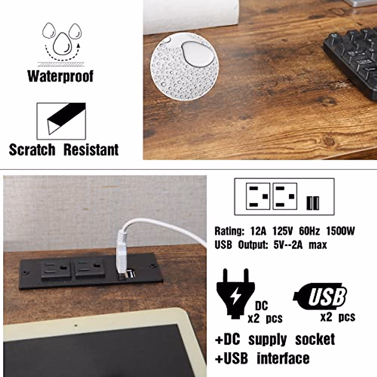 JJS 48' Writing Desk with Power Outlet, Home Office Contemporary Large Computer Desk Laptop Workstation with Drawer USB Ports Charging Station, Rustic Brown