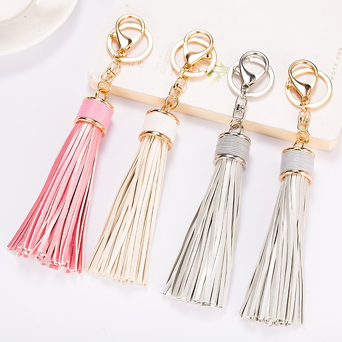 ZOONAI Women Leather Tassels Keychain Car Circle Key Rings Gift Bag Hanging Buckle (White)