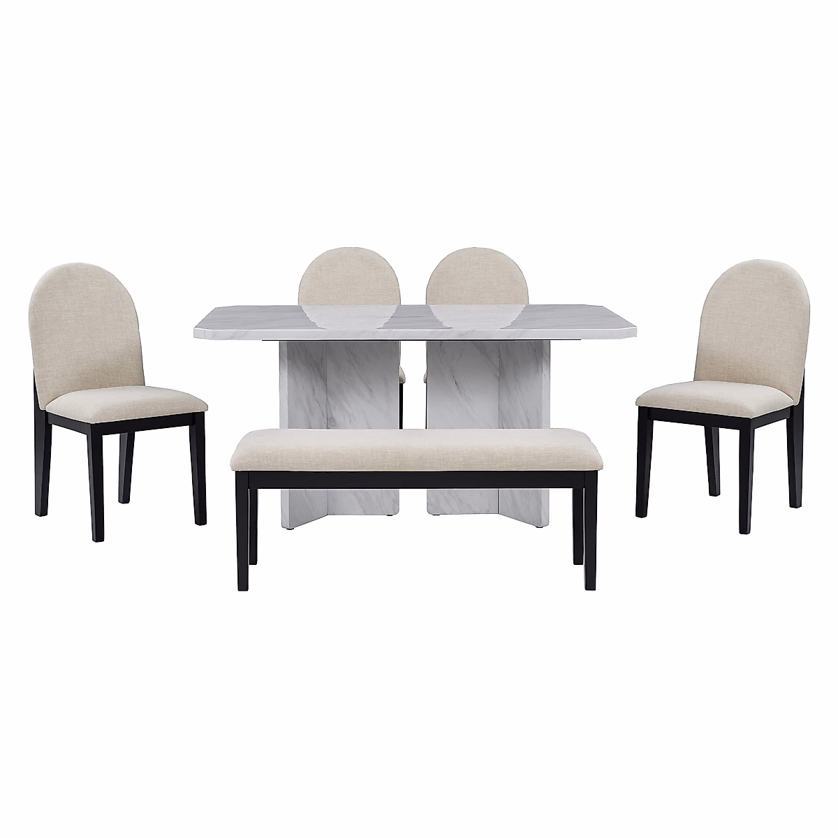 BIADNBZ Modern Style Dining Table Set for 6 with Faux Marble Tabletop and 4 Upholstered Chairs & 1 Bench, 6-Piece Family Kitchen Furniture, White