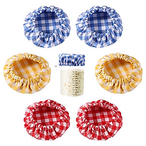 6pcs Jar Cloth Covers, Plaid Cloth Jar Covers Elastic Unbleached Cloth lid Reusable Sourdough Starter Bowl Cover Dough Basket Cover Preserving Lids for 3-4 Inch Jar Mouth Baking Supplies
