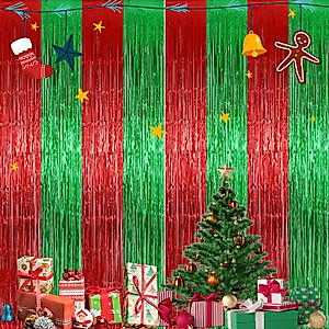 2 Pack 3.2ft x 9.8ft Christmas Metallic Foil Fringe Curtain, Red Green Tinsel Curtains Streamer Large Party Photo Booth Props Backdrops for Happy New Year Birthday Wall Door Indoor Outdoor Decorations