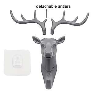 Cangder 3Pcs Deer Wall Hooks Antlers Plastic Wall Hooks/Hanger, Grey Animal Key Hat Holder Hanging for Home Wall Decoration